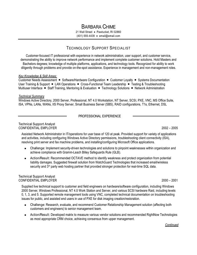 Technical Support Resume Sample